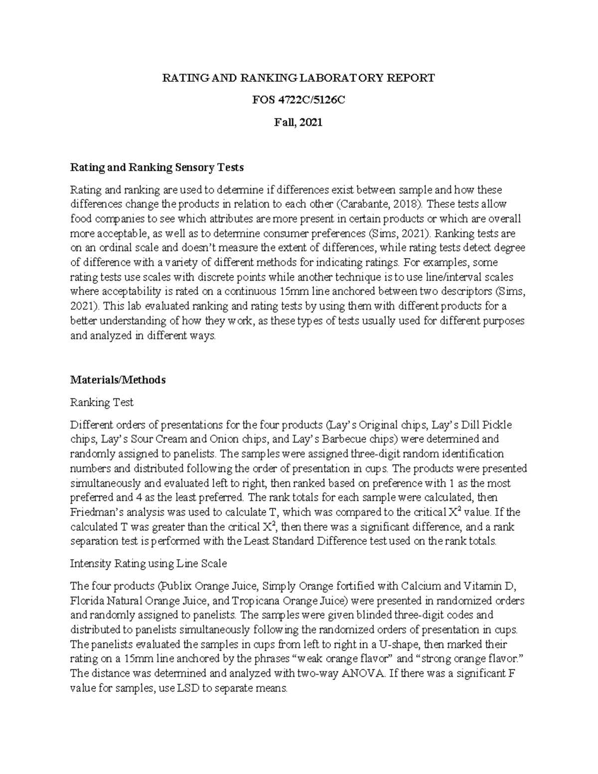 Ranking Sensory Testing Laboratory Report - RATING AND RANKING ...