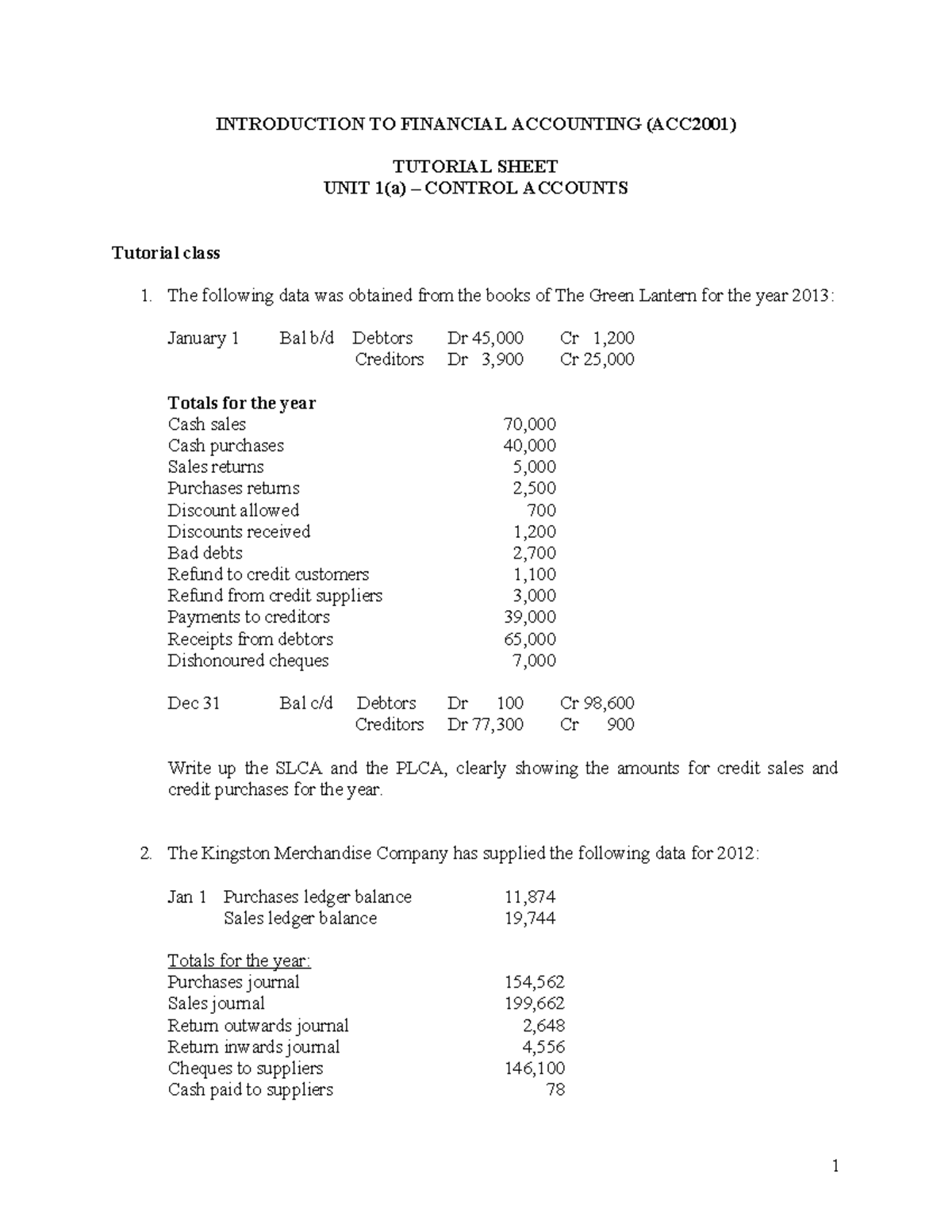 Unit 1(a) - Control accounts tutorial sheet - INTRODUCTION TO FINANCIAL ...