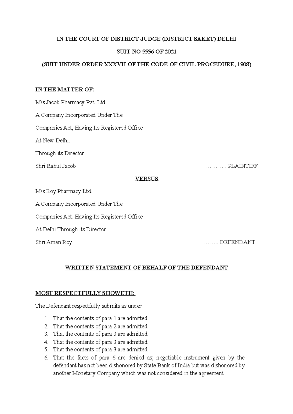 Submission Written Statement - IN THE COURT OF DISTRICT JUDGE (DISTRICT ...