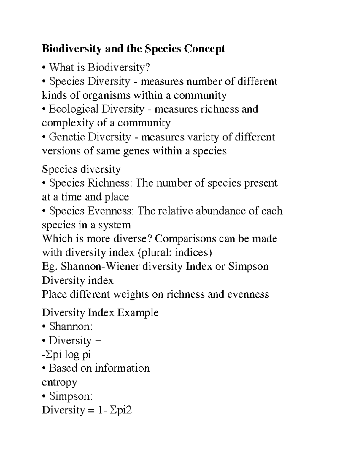 ENVS 1200 - Biodiversity Biomes - Biodiversity and the Species Concept ...
