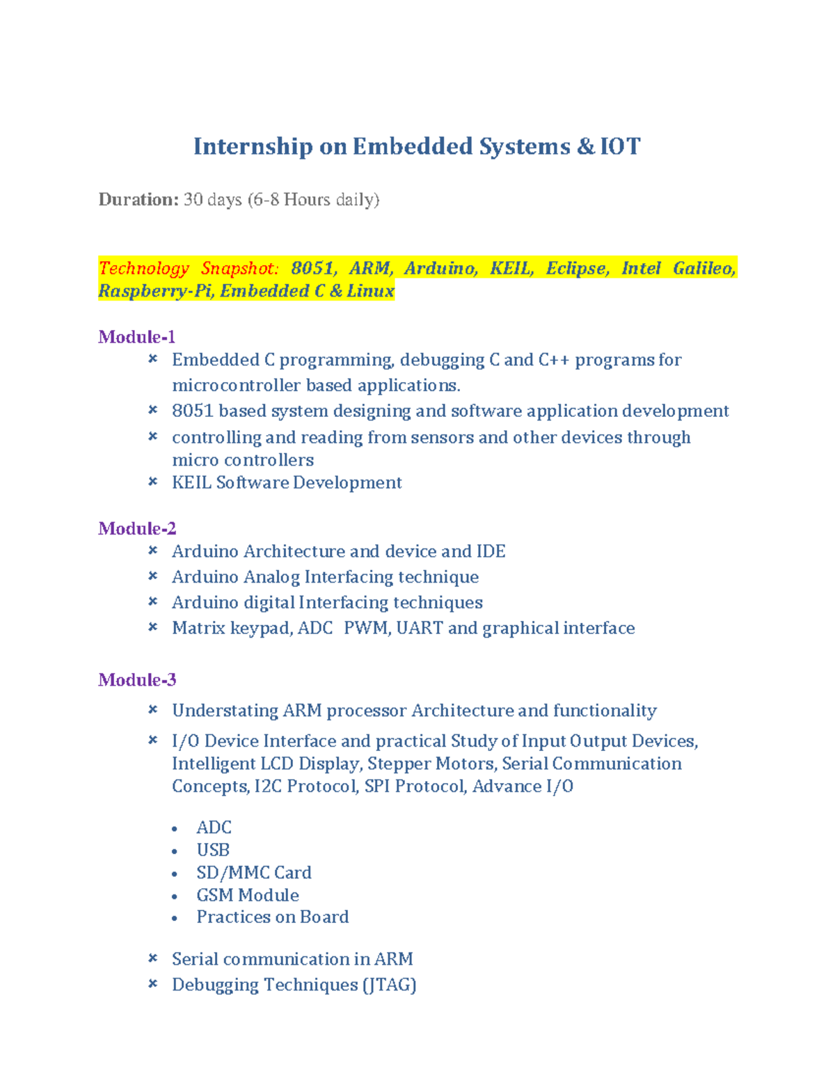 Io Tand Embedded - Internship on Embedded Systems & IOT Duration: 30 ...