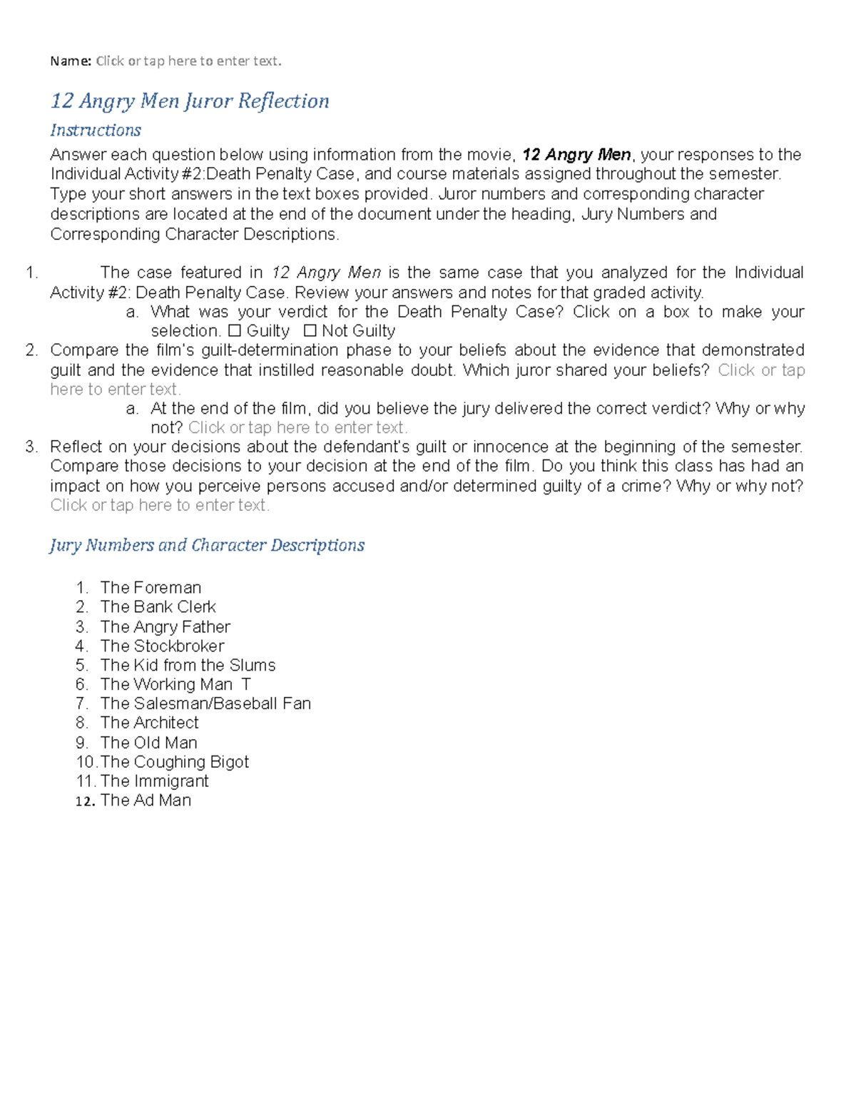 12 Angry Men Individual Reflection - Name: Click or tap here to enter ...