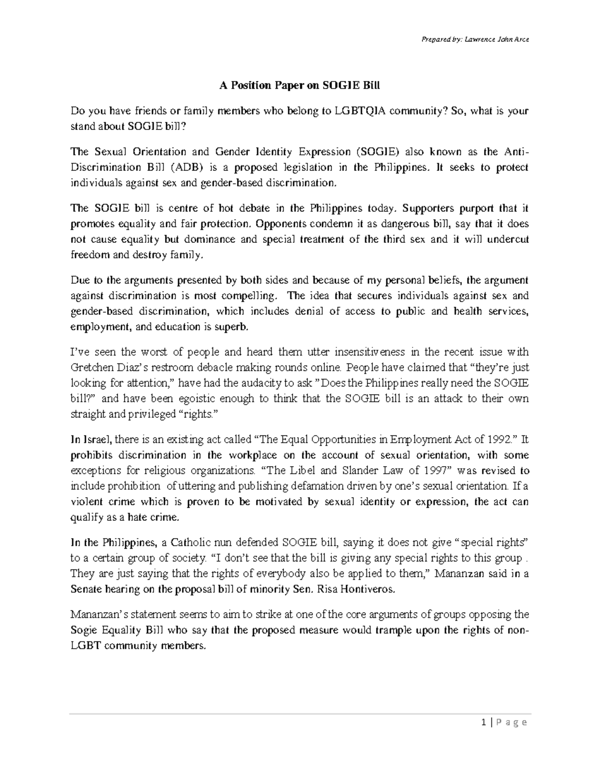 Position Paper on Sogie Bill - Prepared by: Lawrence John Arce 1 | P a ...