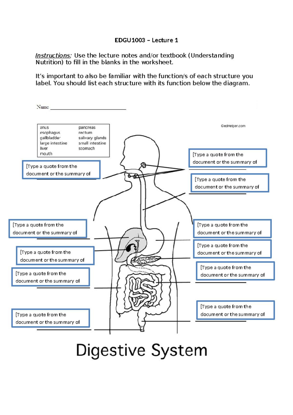 Lecture 1 Digestion Activity - EDGU1003 – Lecture 1 Instructions: Use ...