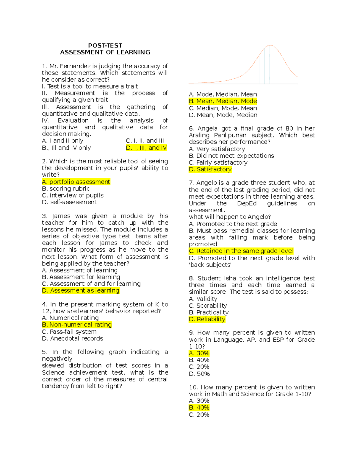 Assessment - POST-TEST ASSESSMENT OF LEARNING Mr. Fernandez is judging ...