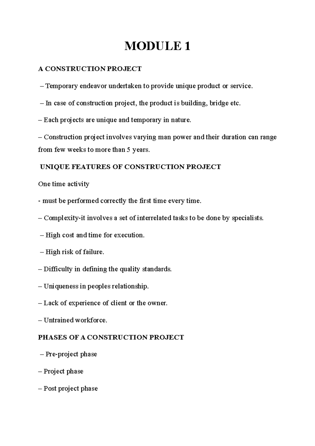 1 - Unique features of construction projects ; Identification of ...