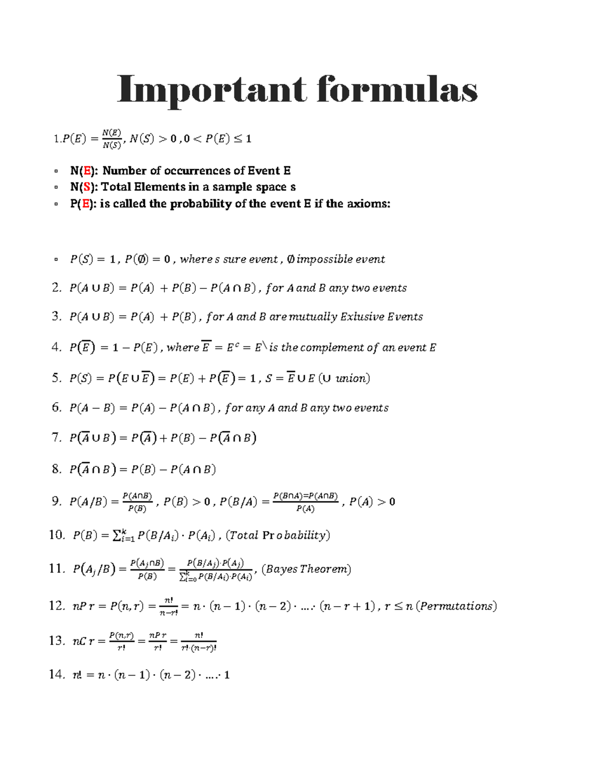 BIO Stat - BIO Stat - Summary Biostatistics - Important formulas 1.𝑃 ...