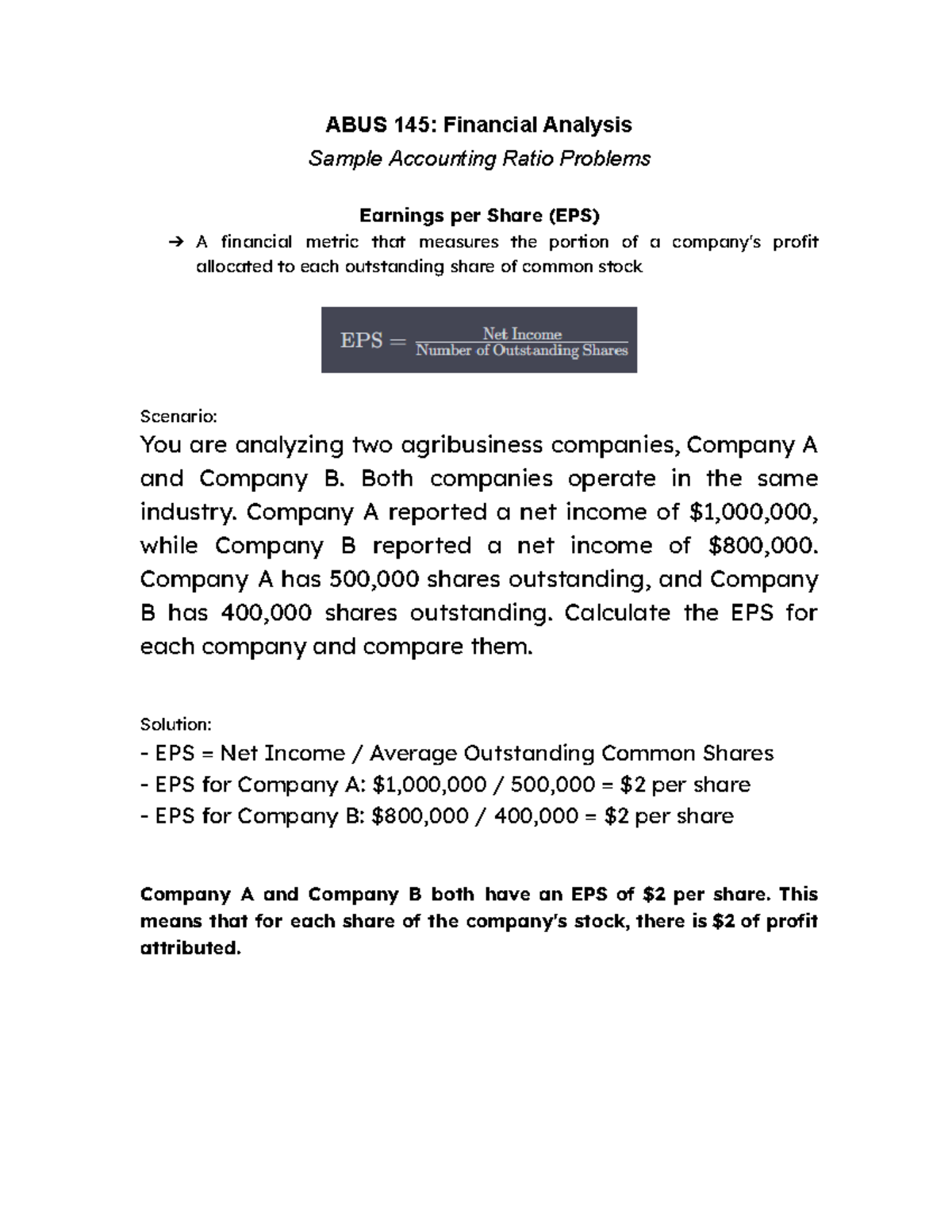Accounting Ratios With Sample Problems ABUS 145 Financial Analysis