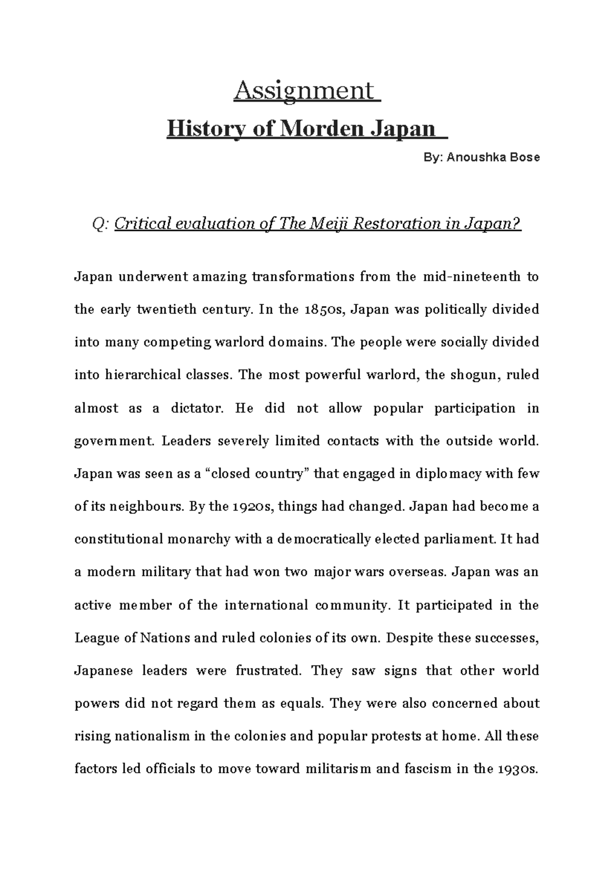 Meiji Restoration, eassay - Assignment History of Morden Japan By ...