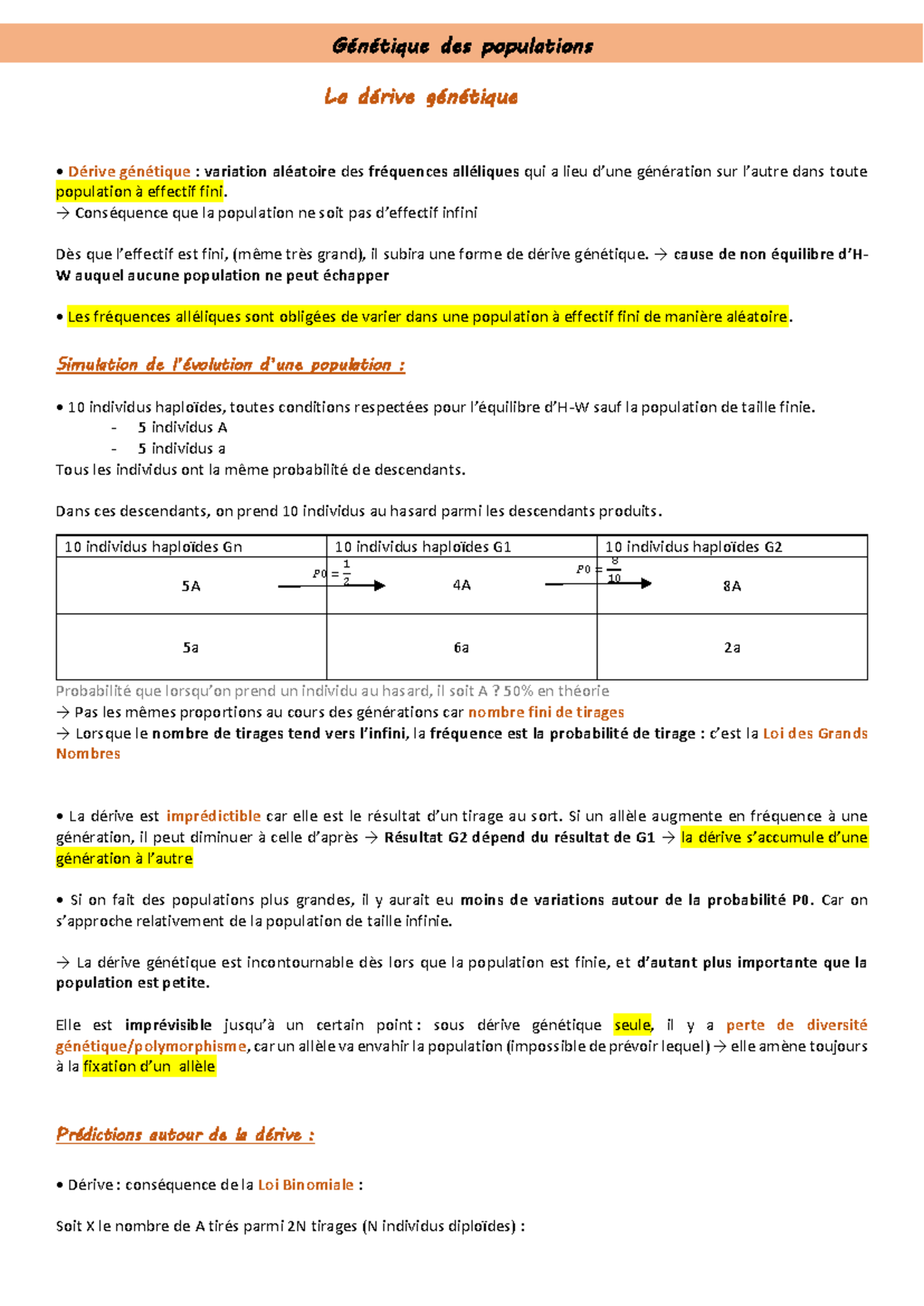 CM4 - Dérive génétique - Cours - Dérive génétique : variation aléatoire ...