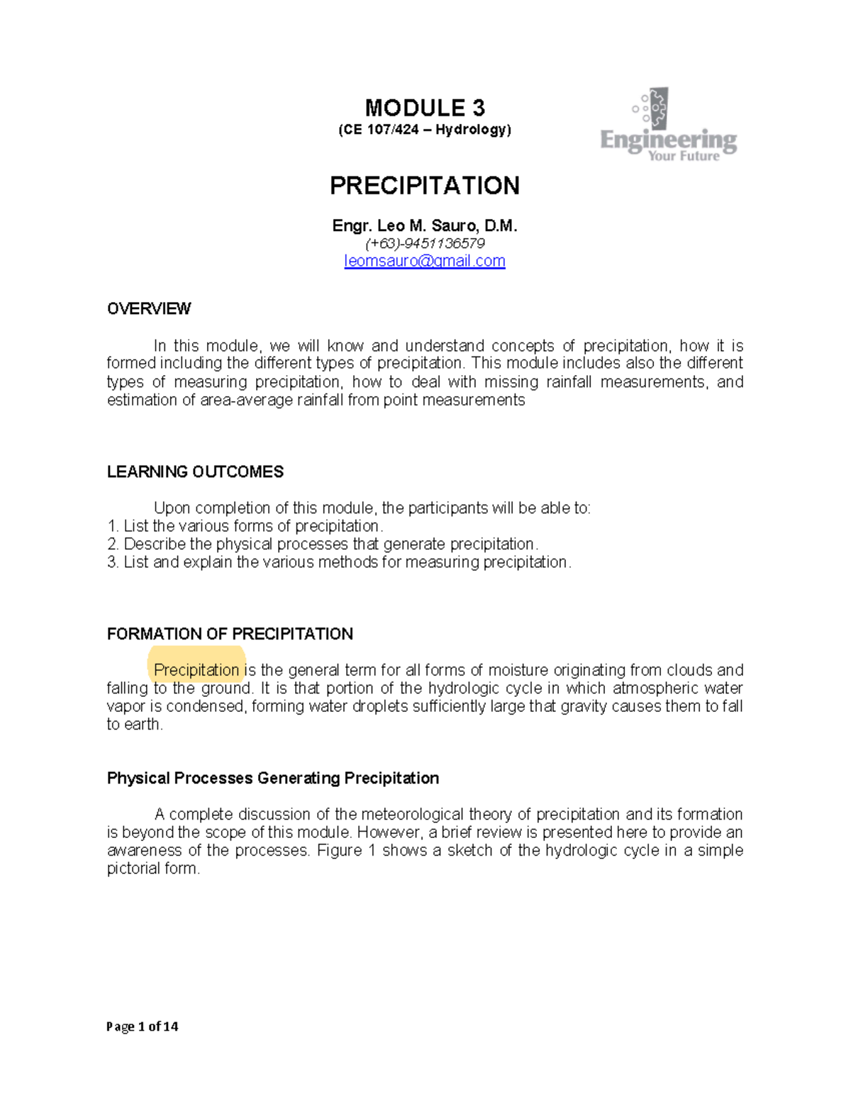 Module-3-Hydrology - by Engr. Leo M. Sauro, D.M. - MODULE 3 (CE 107/424 ...