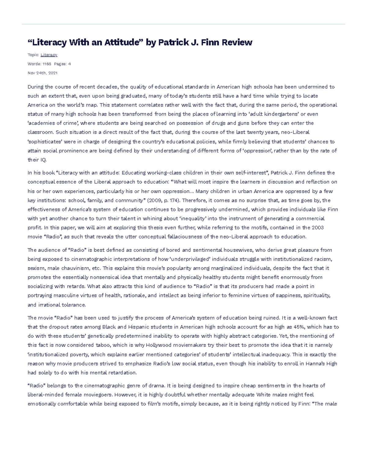 "Literacy With an Attitude" by Patrick J. Finn Review Free Essay ...