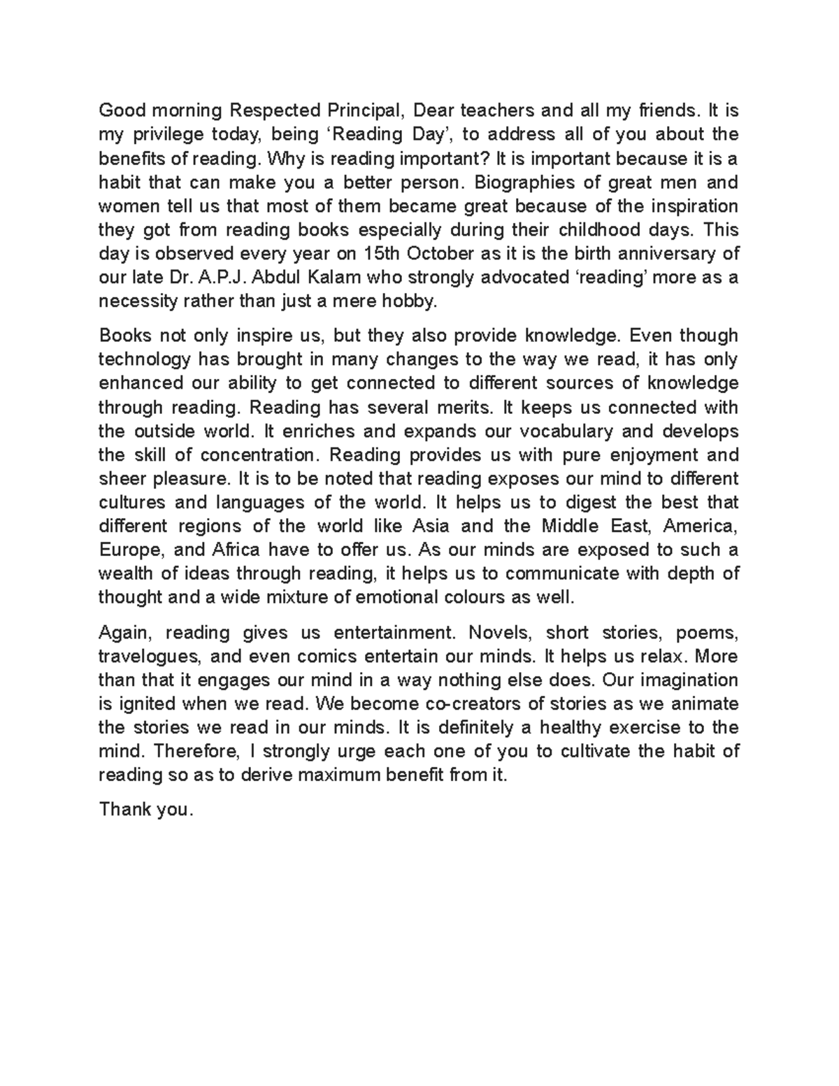 Reading Speech - Good morning Respected Principal, Dear teachers and ...