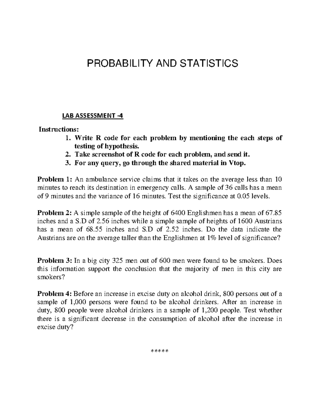 Statistics Lab 4 - School of Advanced Sciences Department of ...