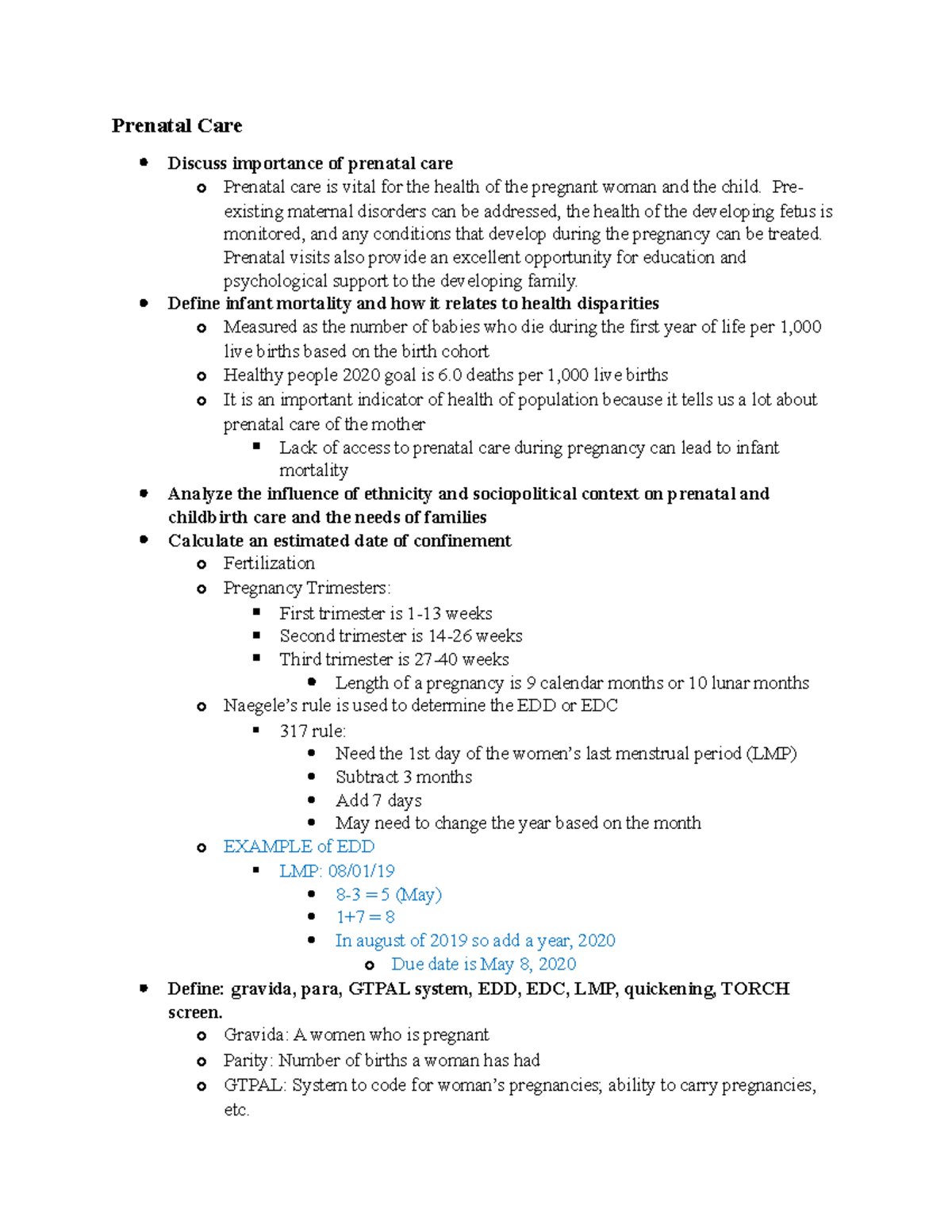 Prenatal Care notes - Prenatal Care Discuss importance of prenatal care ...