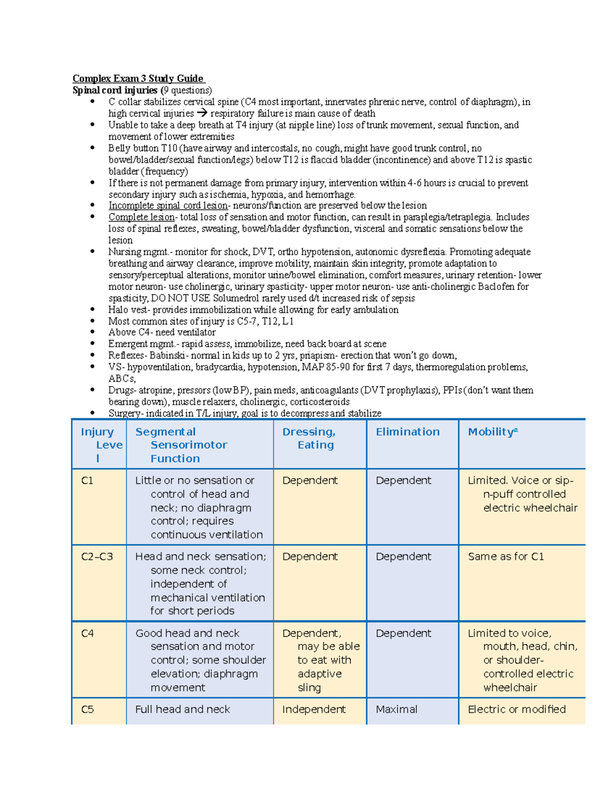 Complex test 3 study guide - Complex Exam 3 Study Guide Spinal cord ...