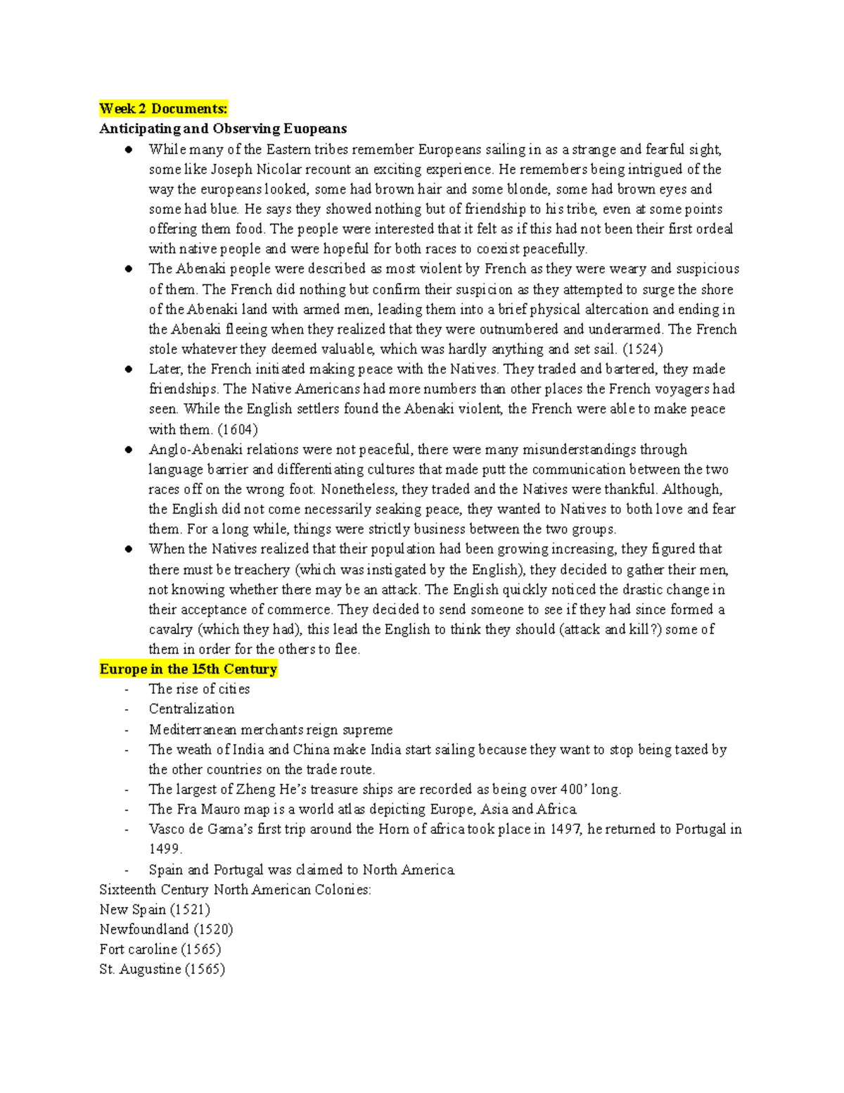 History of Early America Notes - Week 2 Documents: Anticipating and ...