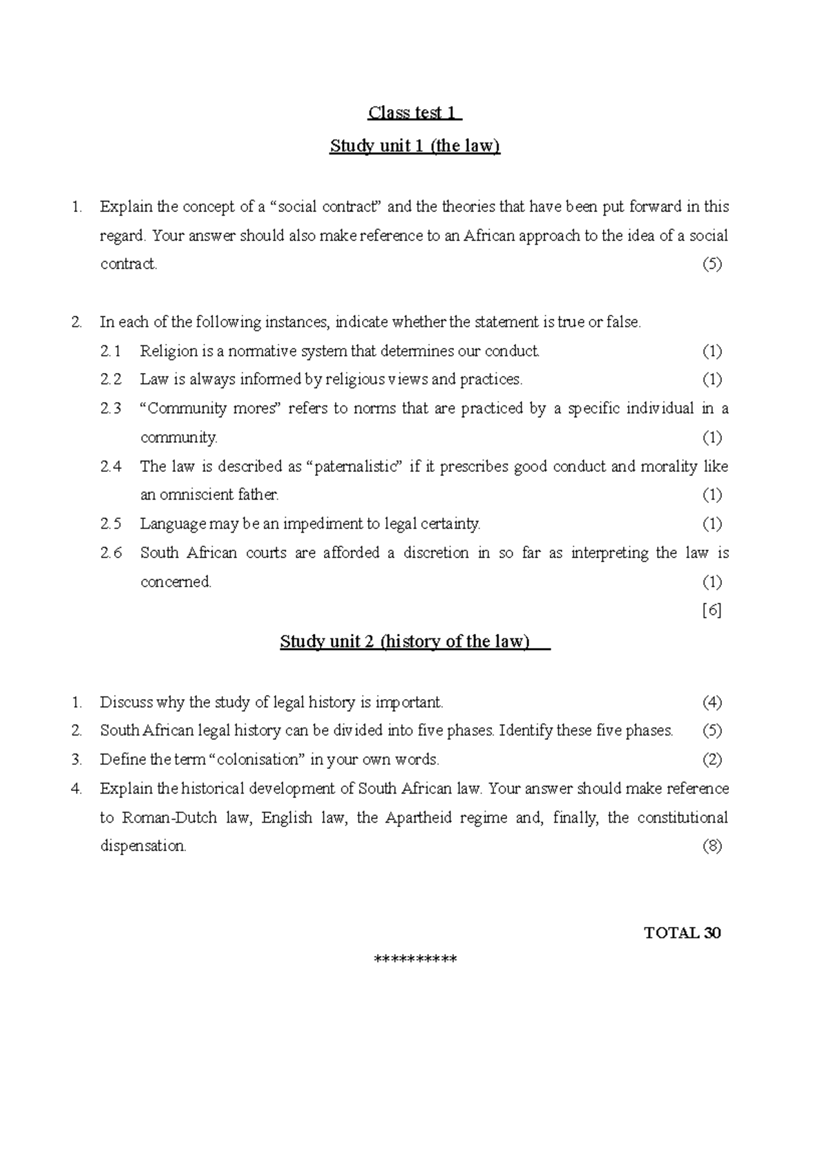 Class test (unit 1+2) - PRACTICE QUESTIONS - Class test 1 Study unit 1 ...