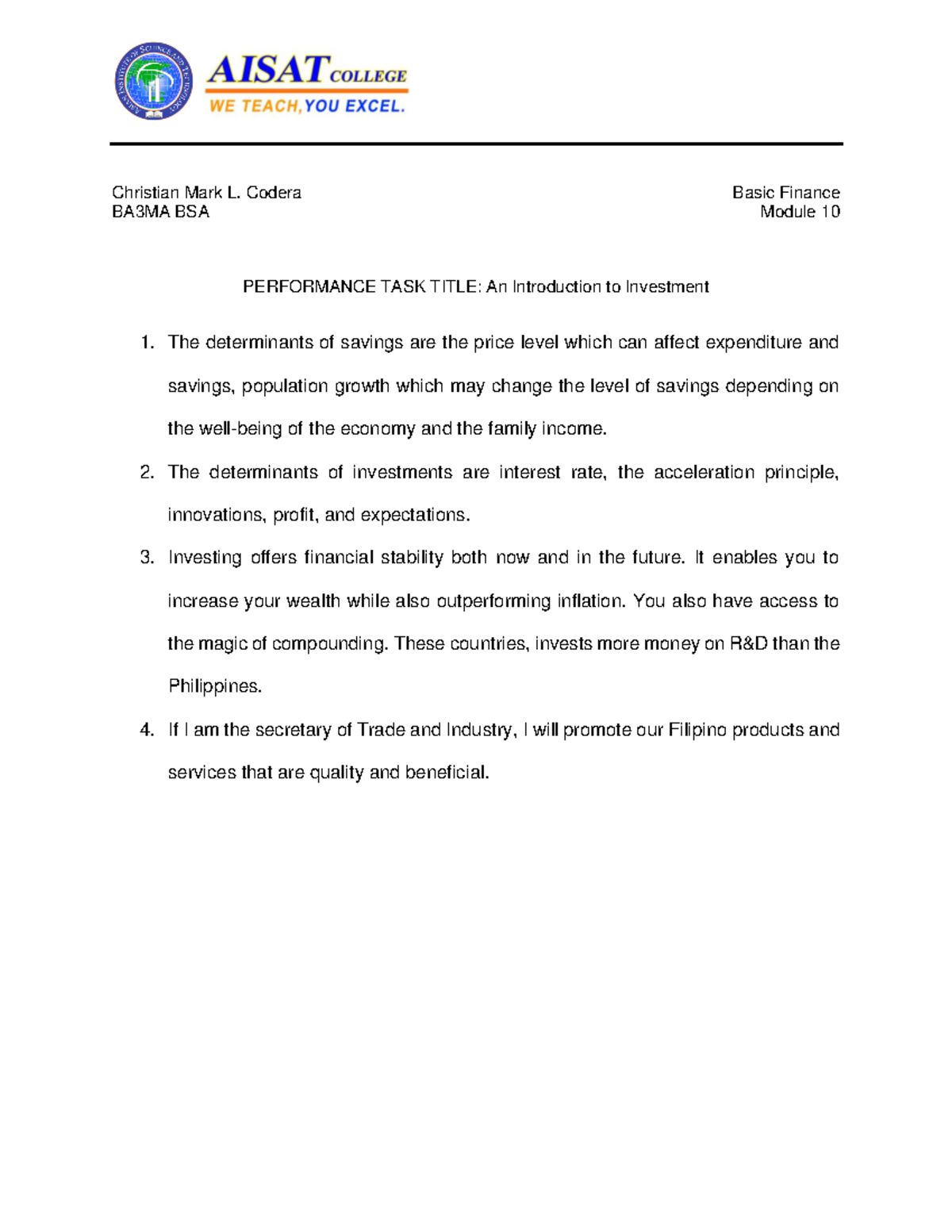 Basic Finance Module 10- Codera - Christian Mark L. Codera Basic ...