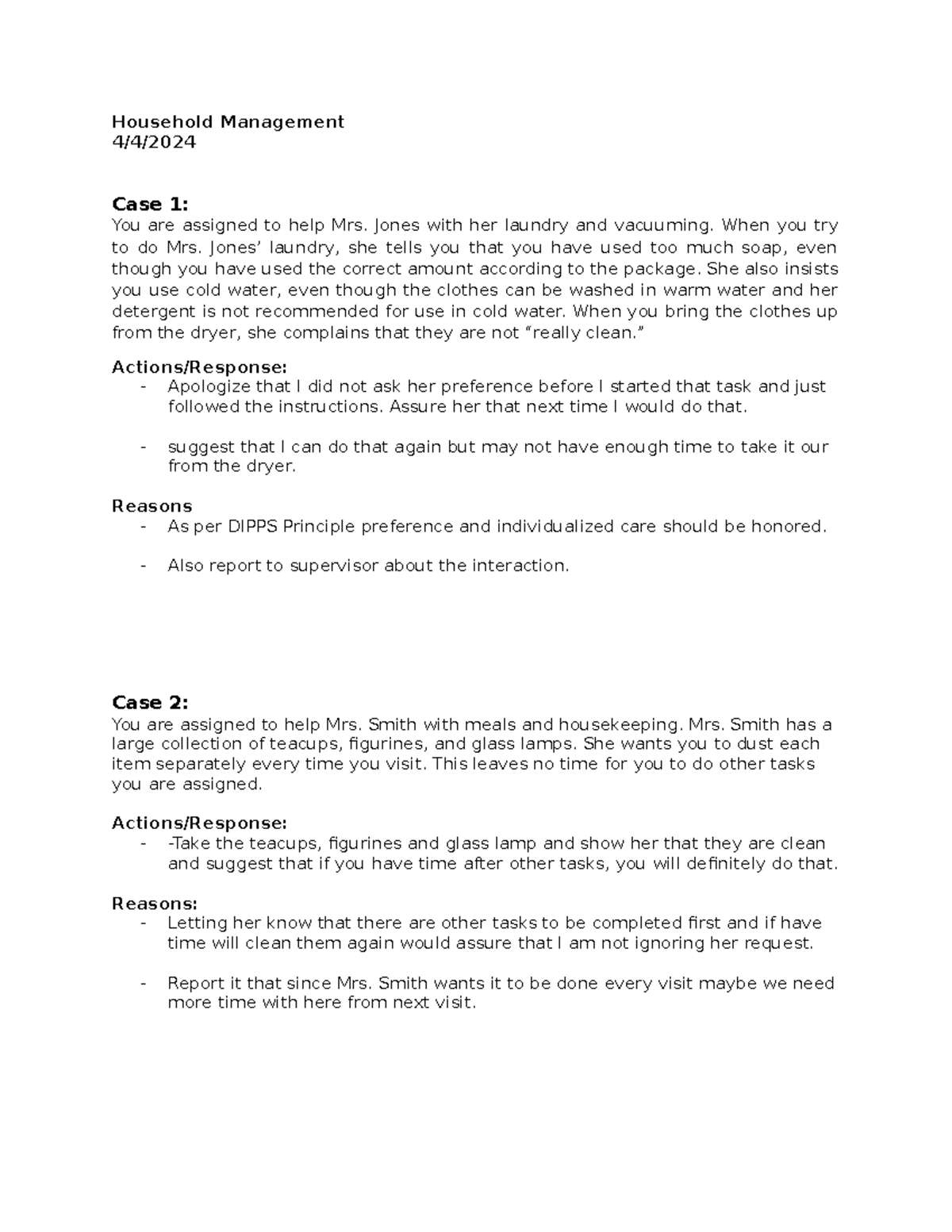 Assignment- Household Management - Household Management 4/4/ Case 1 ...