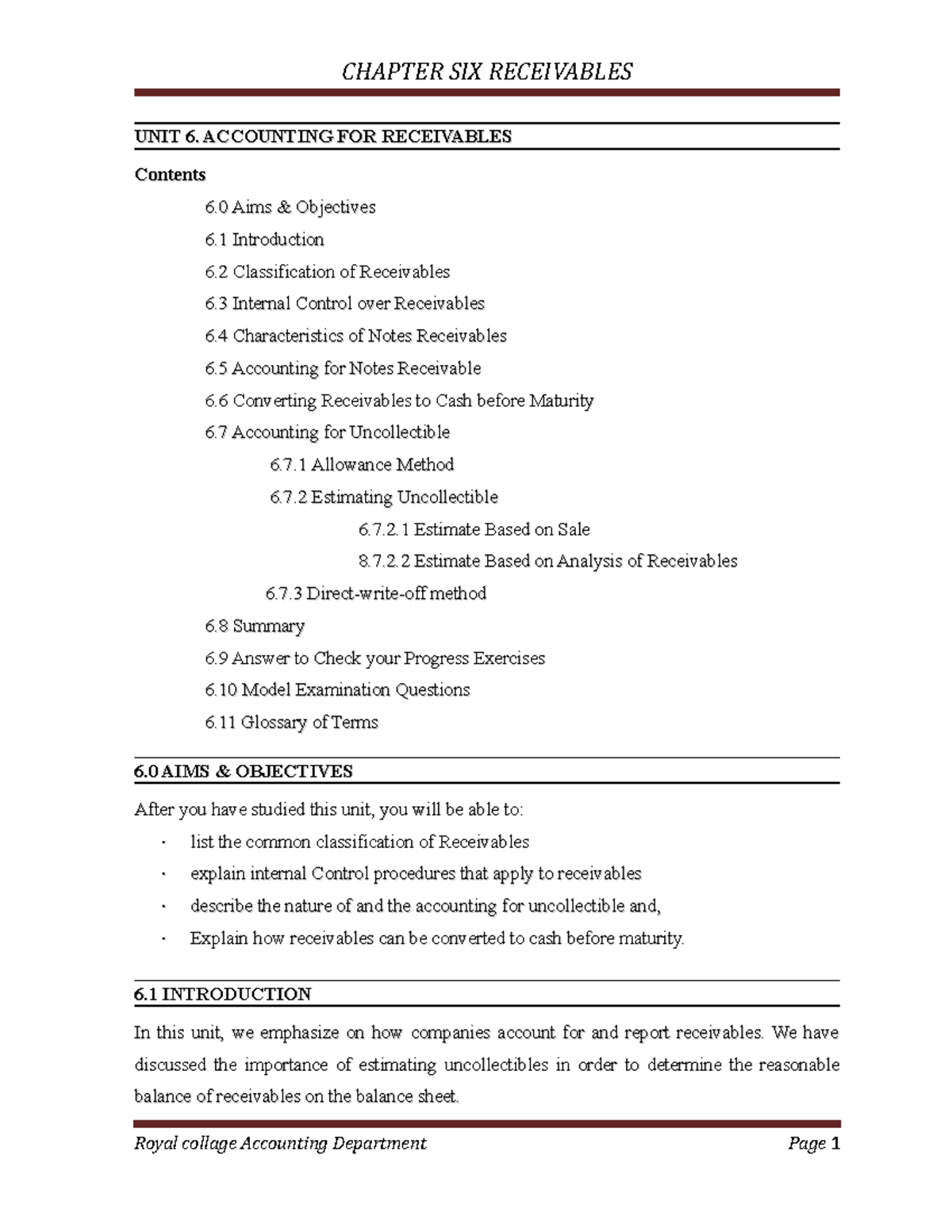 Accounting Chapter SIX - UNIT 6. ACCOUNTING FOR RECEIVABLESUNIT 6 ...