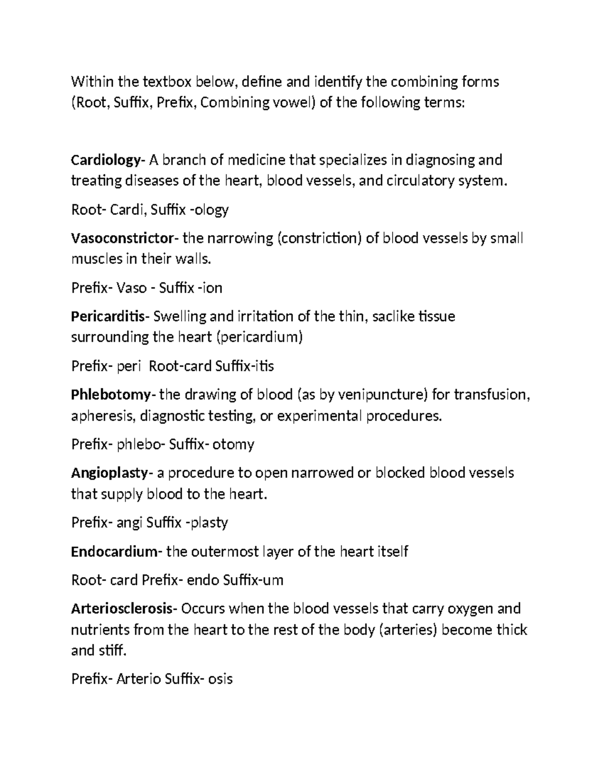Unit 1 Medical Terminology Cardiovascular System - Within the textbox ...