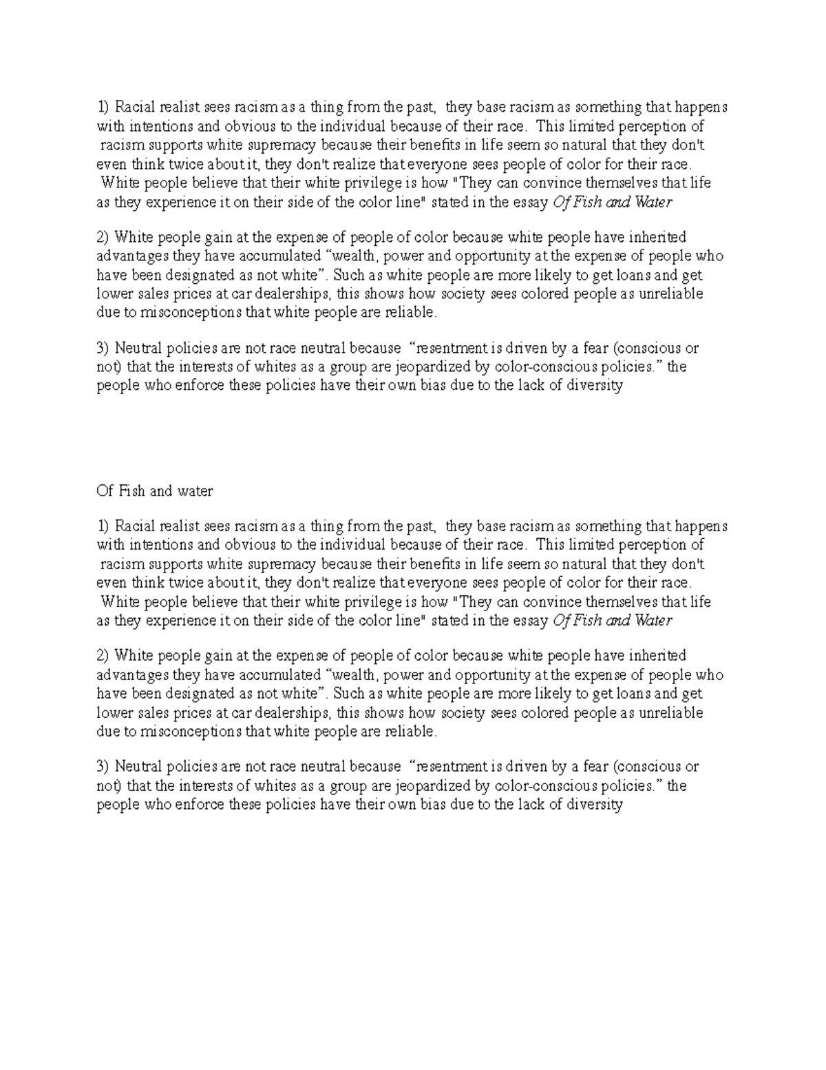 Of Fish and Water - Assignment - Racial realist sees racism as a thing ...