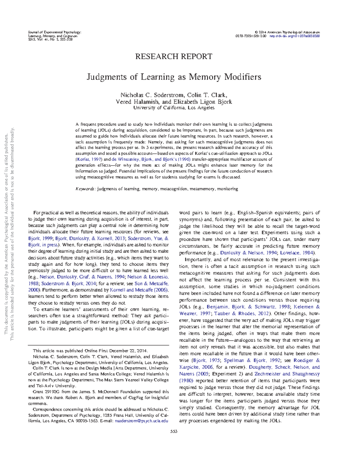 Judgments of Learning as Memory Modifiers - RESEARCH REPORT Judgments ...