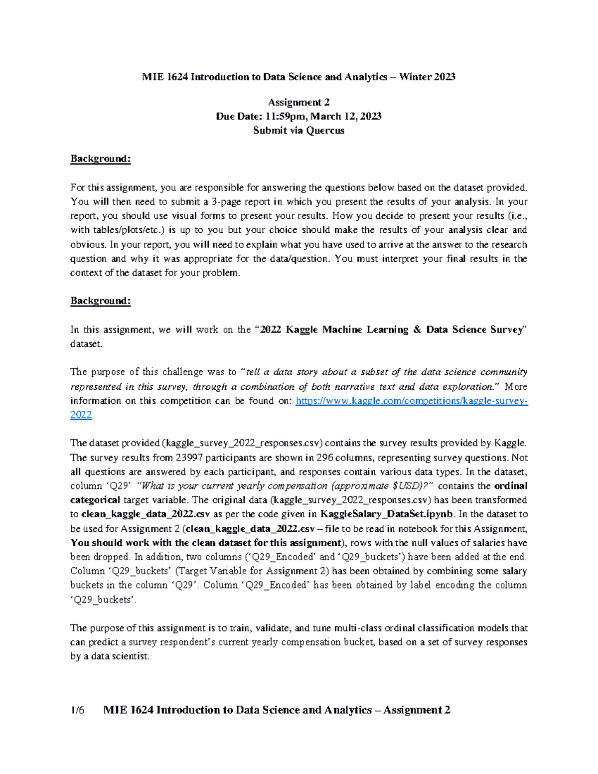 MIE1624 Assignment 2 Winter 2023 - MIE 1624 Introduction to Data Science and Analytics – Winter ...