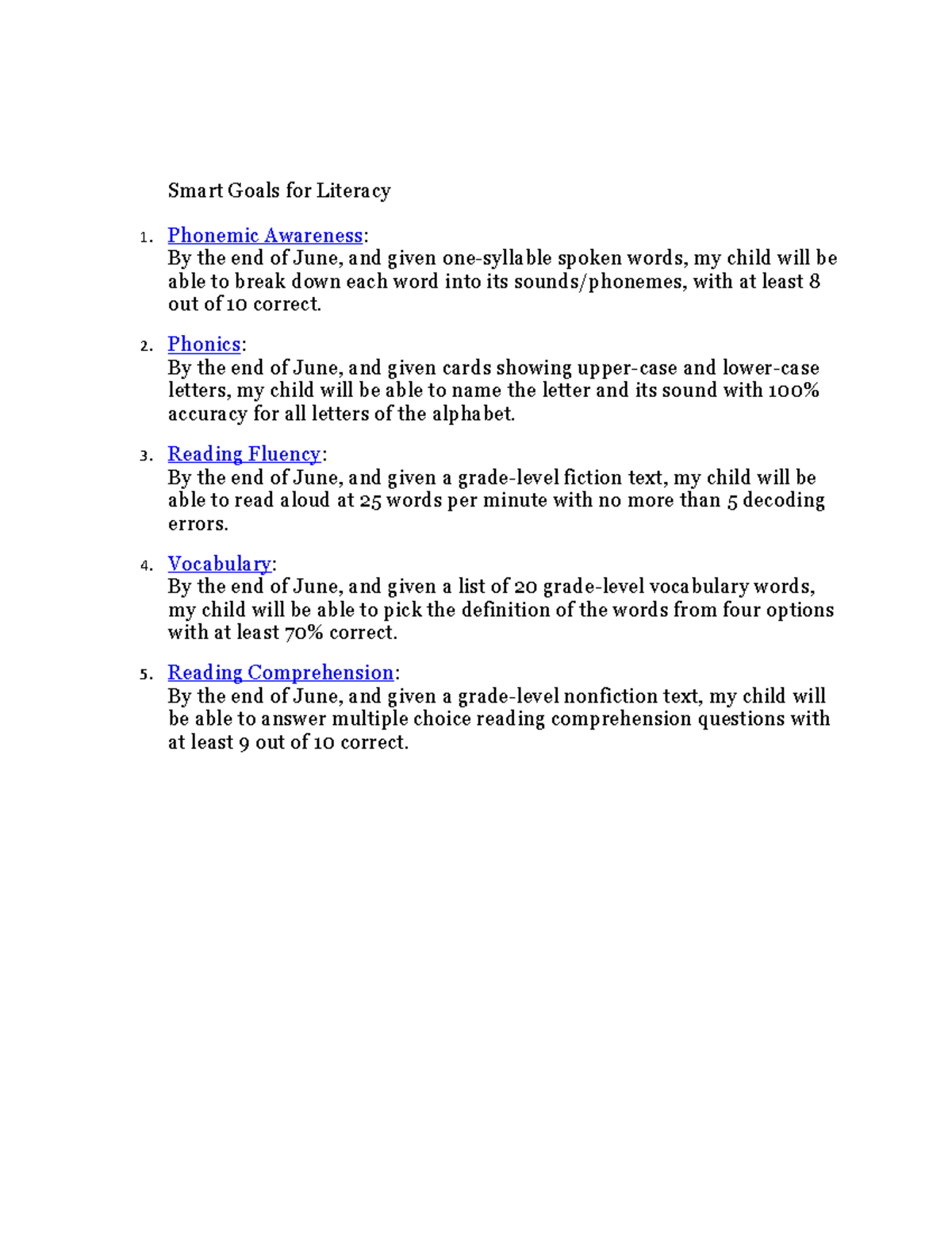 Smart Goals for Literacy - Smart Goals for Literacy Phonemic Awareness ...