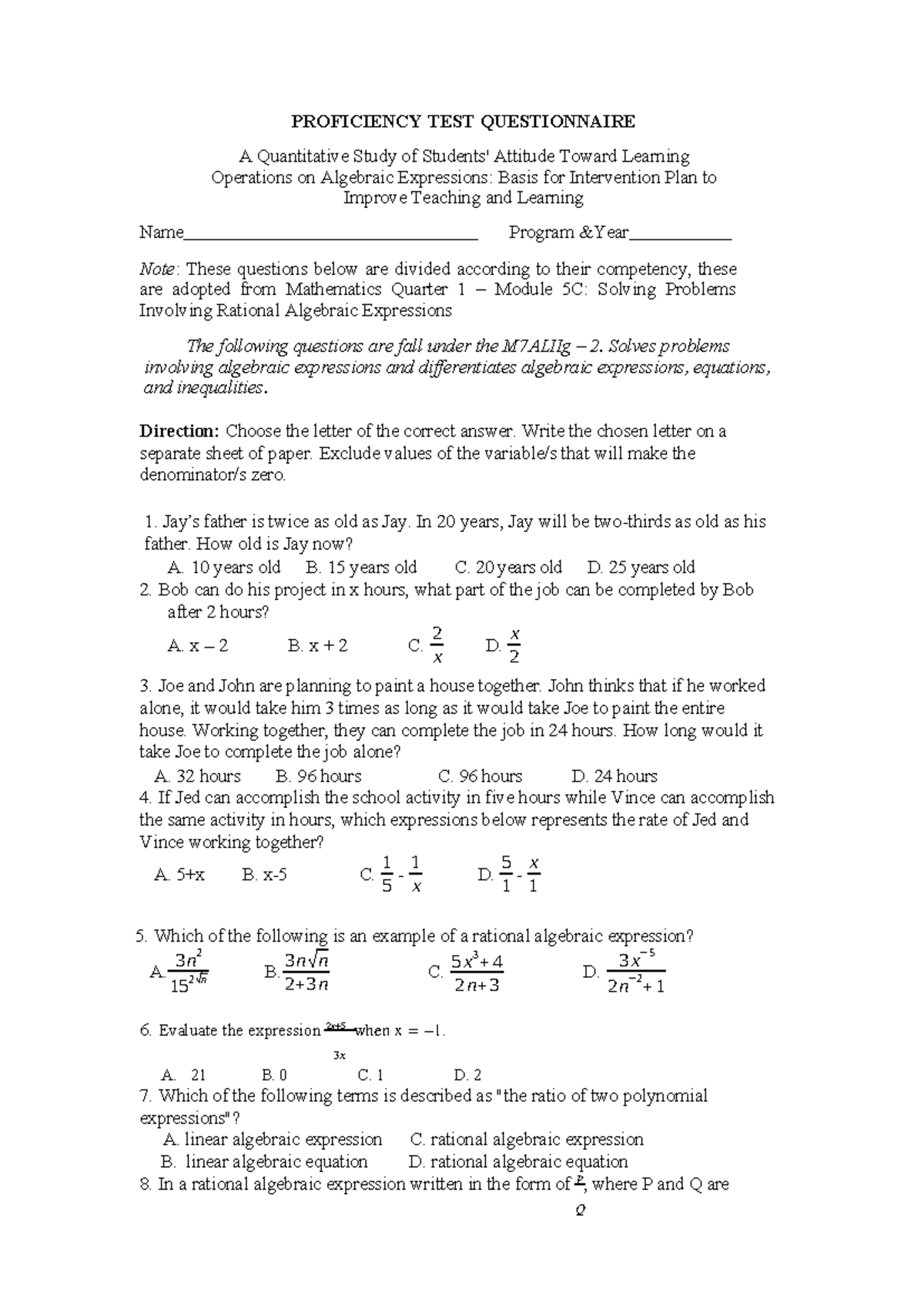 Proficiency-TEST-Questionnaire - PROFICIENCY TEST QUESTIONNAIRE A ...
