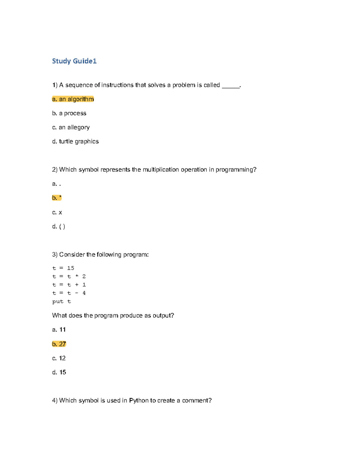 Study Guide 1 - Study Guide A sequence of instructions that solves a ...