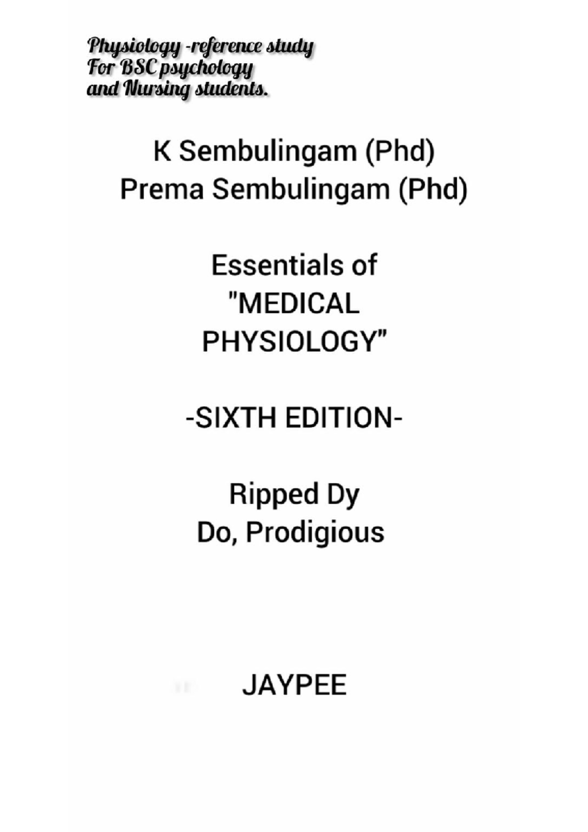 Sembulingam- physiology - Bsc psychology - Studocu