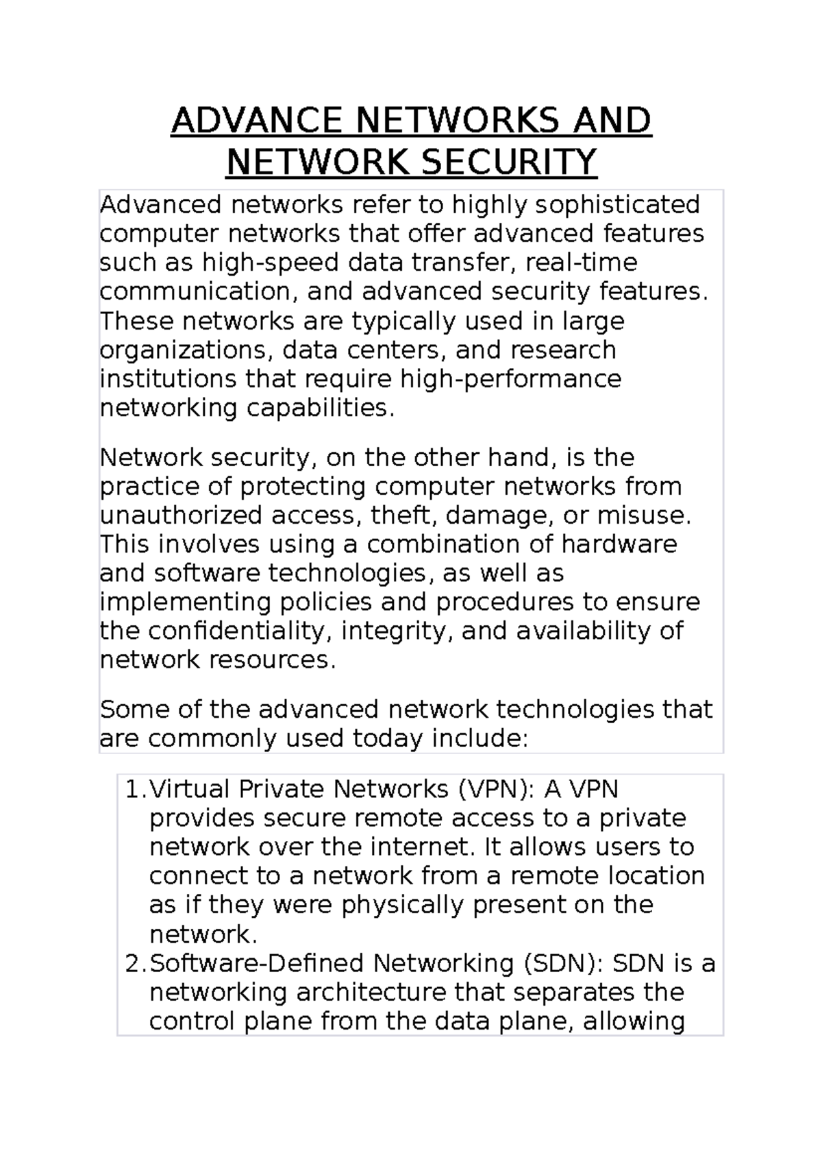 Advance Networks AND Network Security - ADVANCE NETWORKS AND NETWORK ...