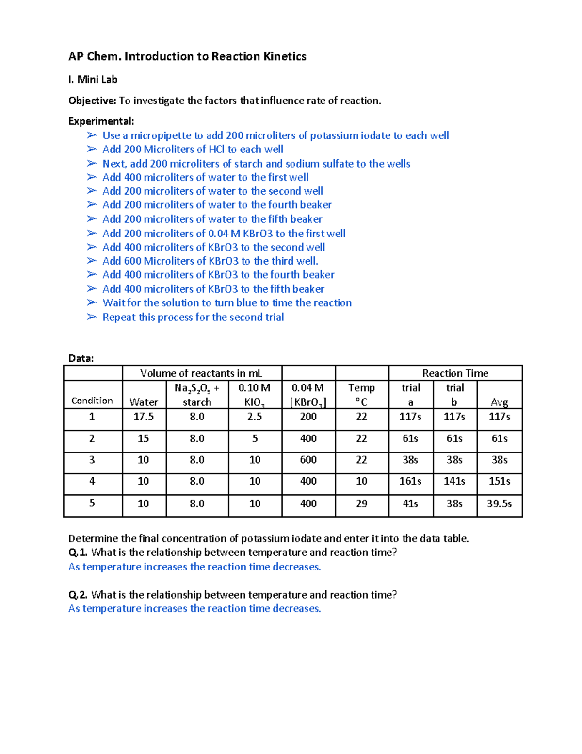 AP Intro to Kinetics - AP Chem. Introduction to Reaction Kinetics I ...