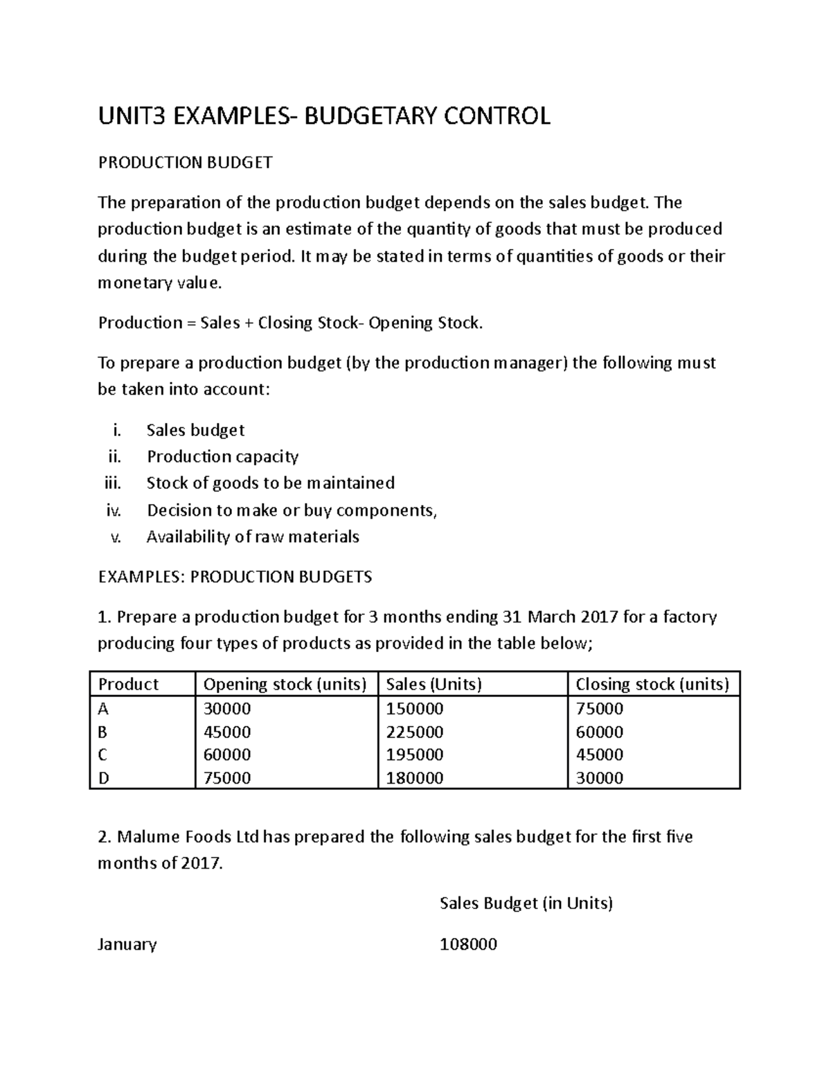 budgetary control - UNIT3 EXAMPLES- BUDGETARY CONTROL PRODUCTION BUDGET ...