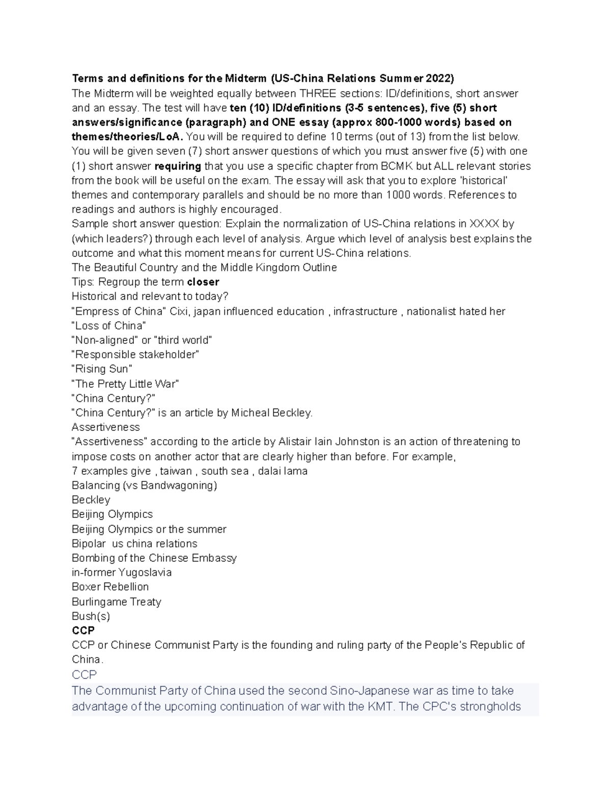 Terms and definitions for the Midterm (US-China Relations Summer 2022 ...