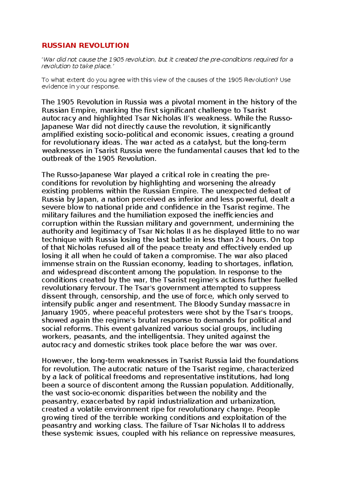 Russian Revolution- Essay - RUSSIAN REVOLUTION ‘War did not cause the ...