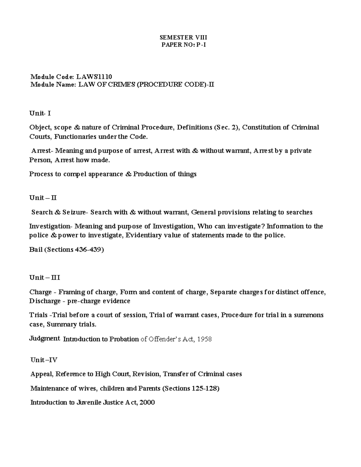 B.A.LL - Great - SEMESTER - VIII PAPER NO: P -I Module Code: LAWS ...