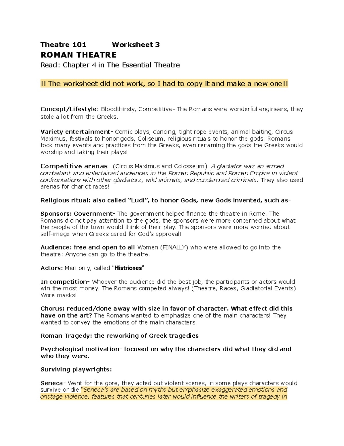 Theatre-Chapter 3 - Theatre 101 Worksheet 3 ROMAN THEATRE Read: Chapter ...