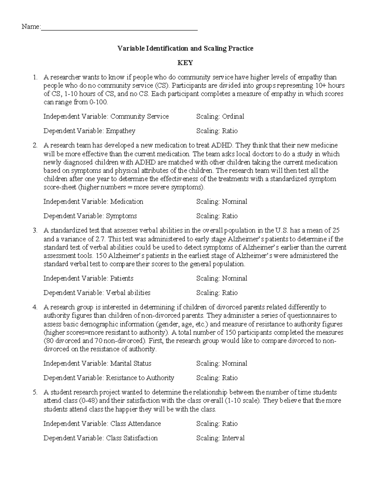 Variable Identification and Scaling Practice KEY - Name