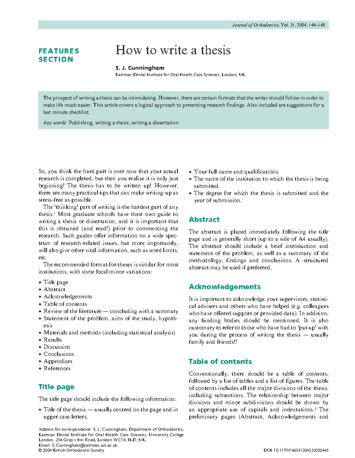 How to Write a Thesis - Notes - Address for correspondence: S. J ...