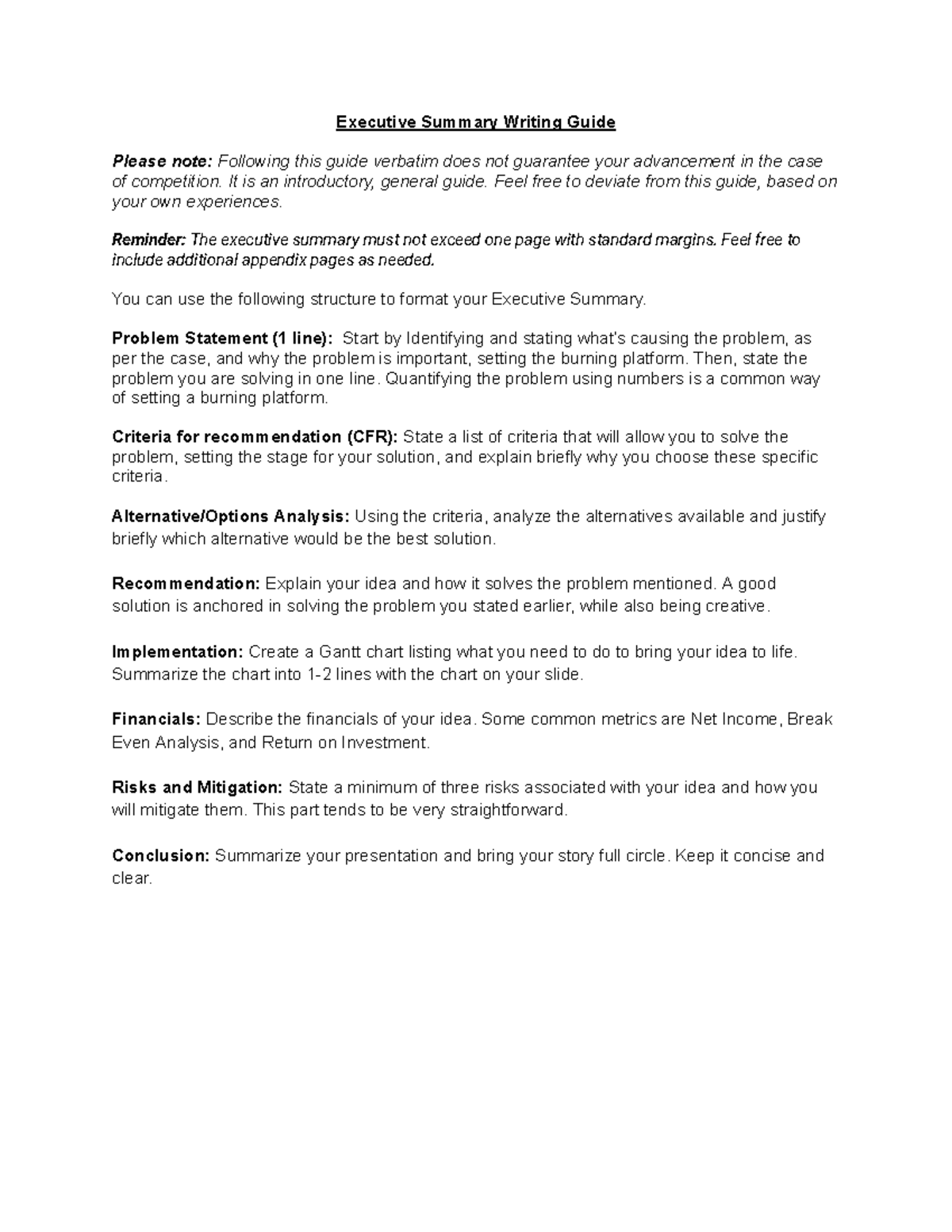 Executive Summary 101 - Executive Summary Writing Guide Please note ...