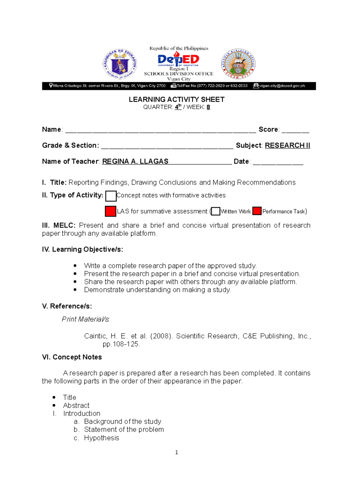 Q4-LAS Researchii MELC 8 Week 8 - LEARNING ACTIVITY SHEET QUARTER: 4 th ...