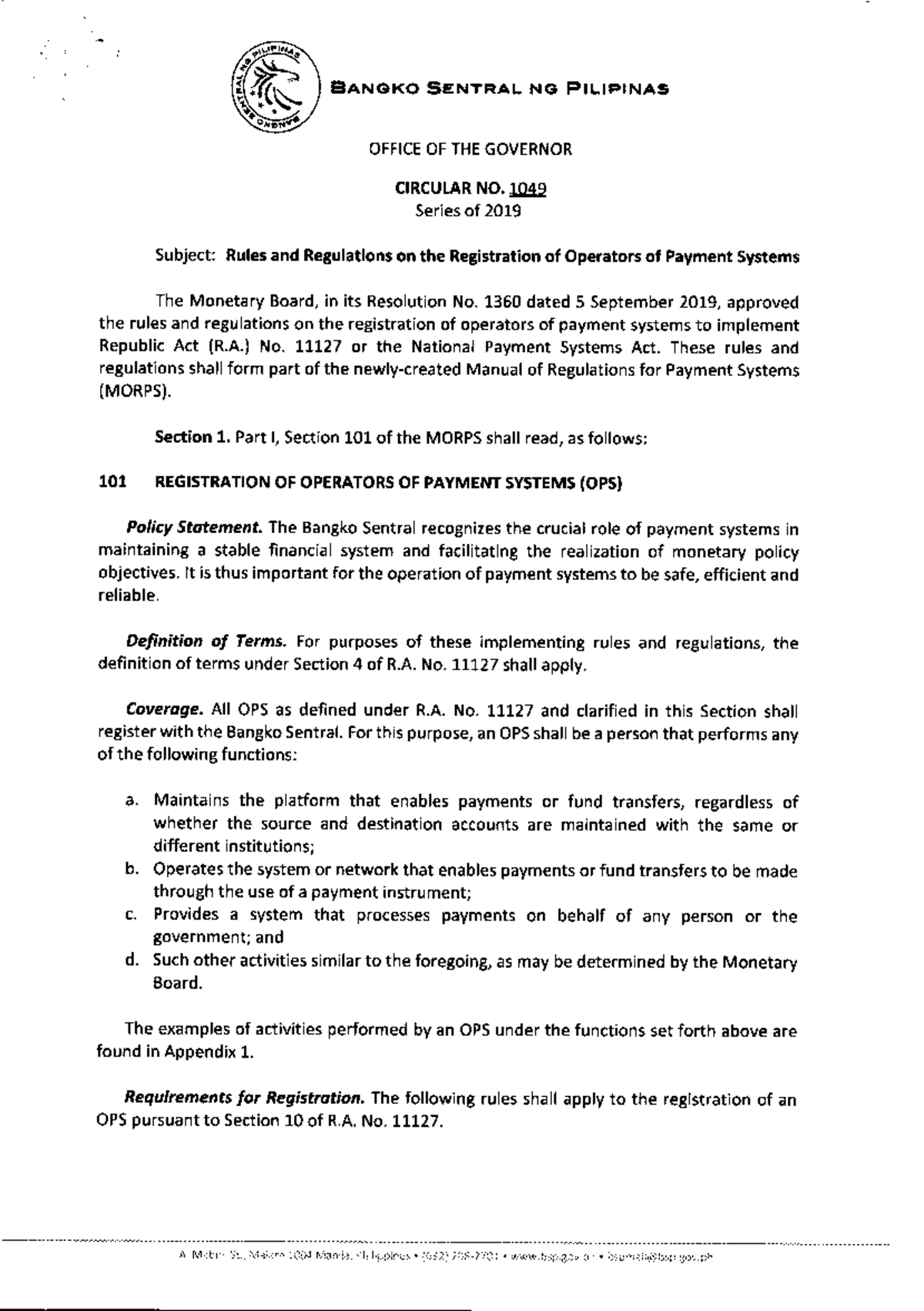 Rules and Regulations on the Registration of Operators of Payment ...