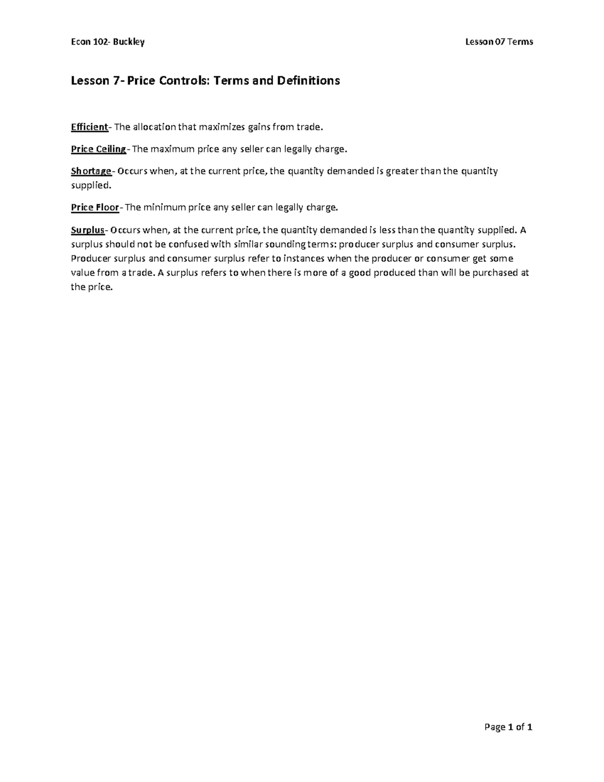 Lesson 07- Terms - Econ 102- Buckley Lesson 07 Terms Page 1 of 1 Lesson ...
