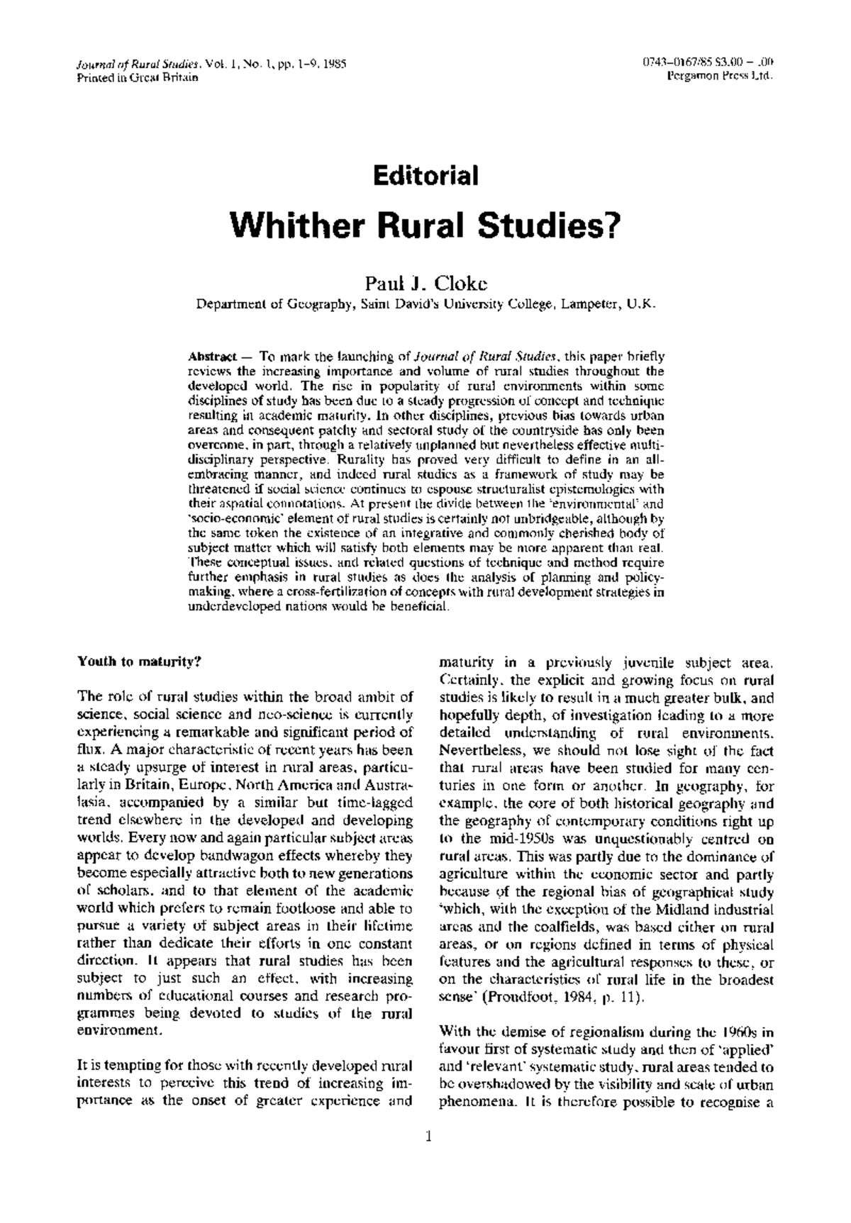 P Cloke Defining Rural - Journal of Rural Studies, Vol. 1, No. 1, pp. 1 ...