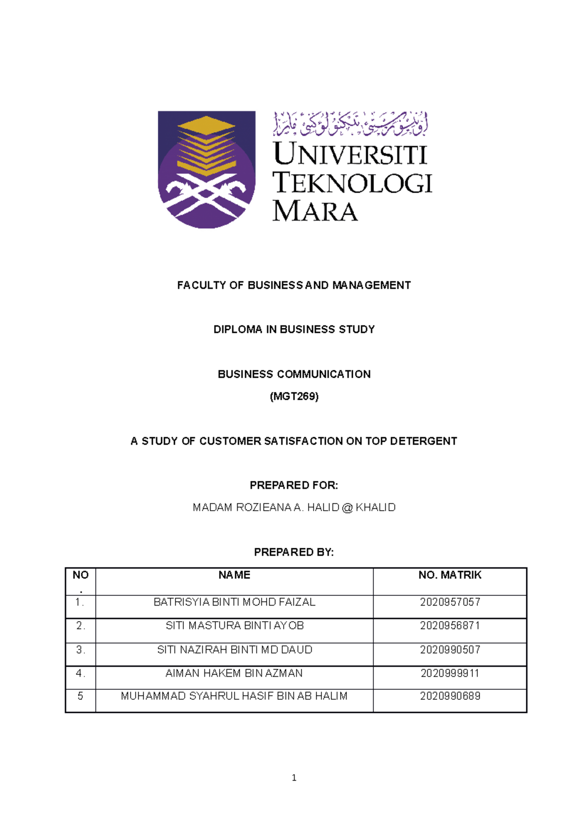 Assignment MGT Project 1 (TOP) - FACULTY OF BUSINESS AND MANAGEMENT ...