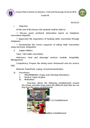 Banquet Set-Up Style - TVL-HE_FBS NCII - Lesson Plan in Home Economics ...