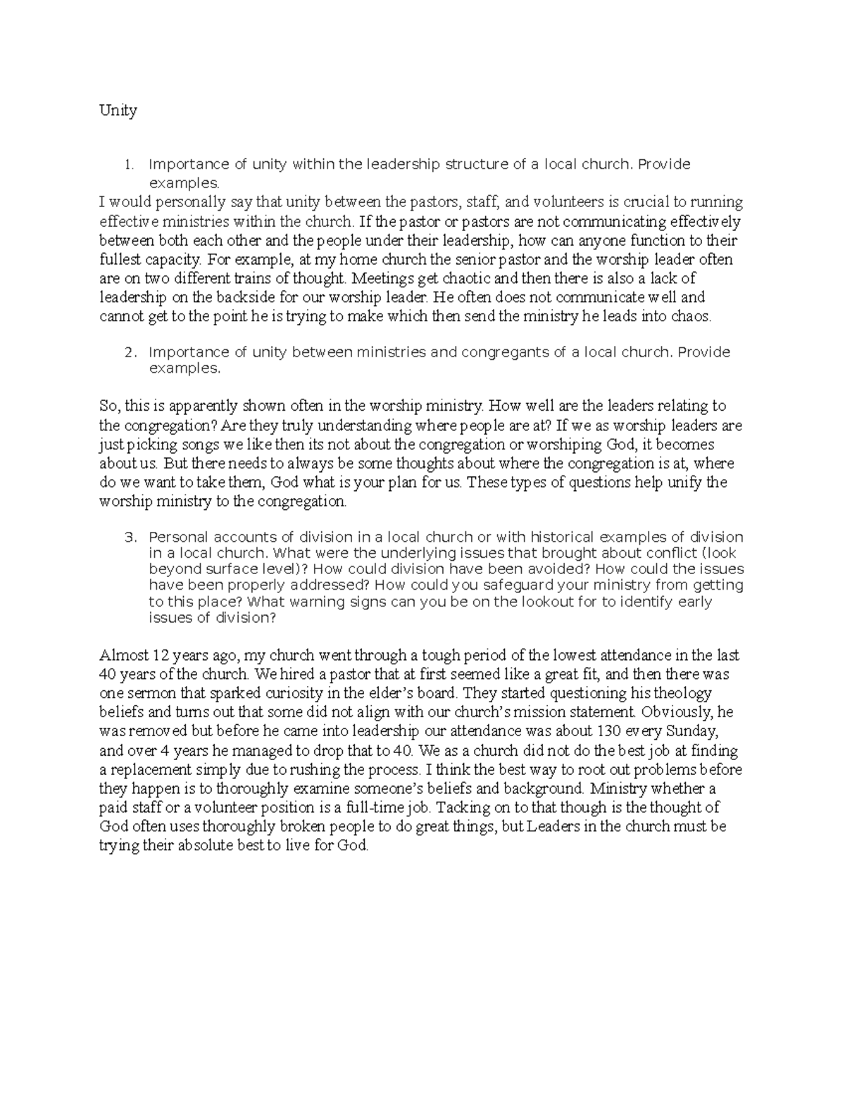 Unity - Assignment - Unity Importance of unity within the leadership ...